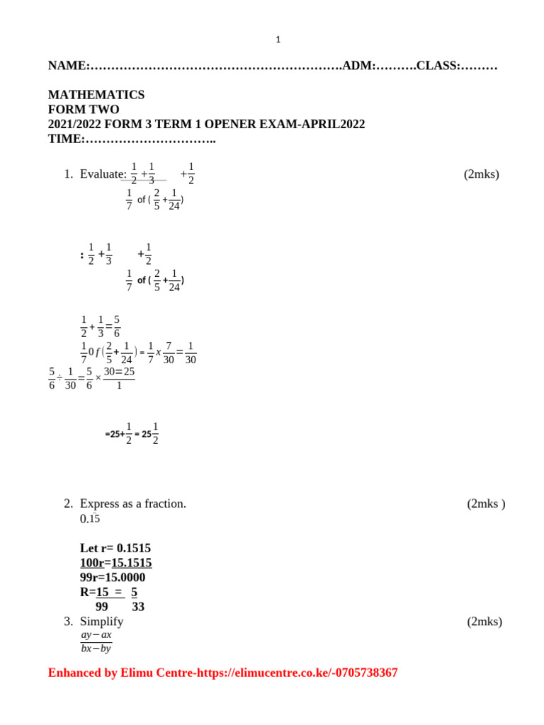 Form Two Mathematics Exam Solutions | PDF | Geometry | Elementary Geometry