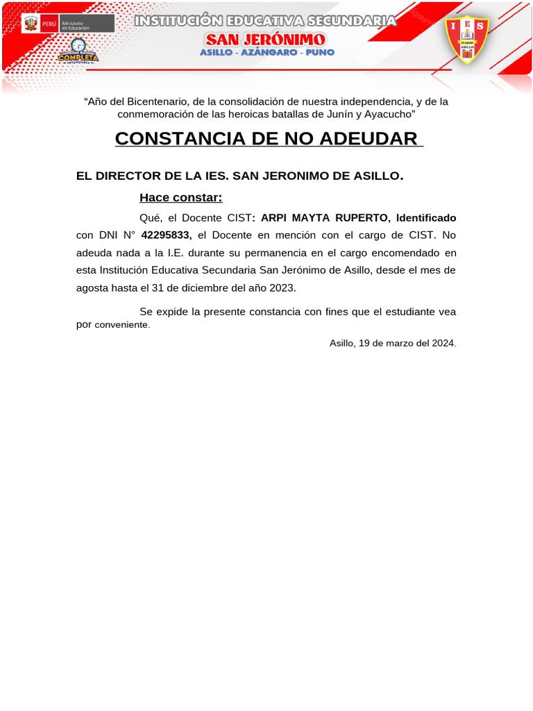 Constancia de No Adeudar Est. 2023 | PDF