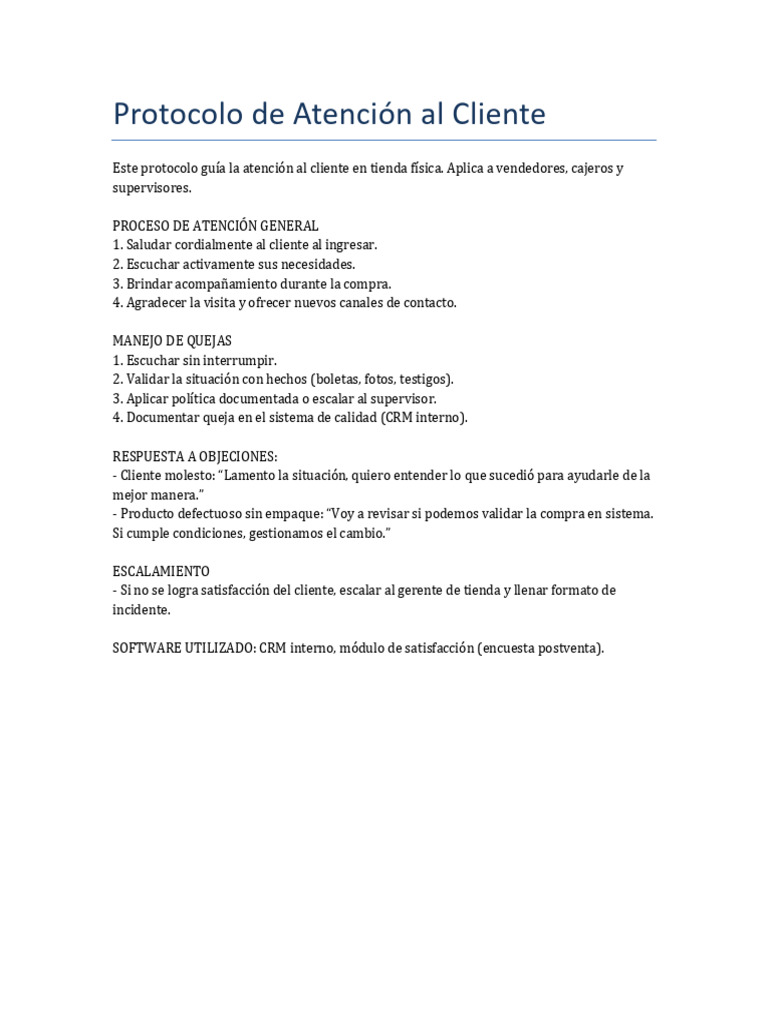 Protocolo Atencion Cliente Procesos | PDF