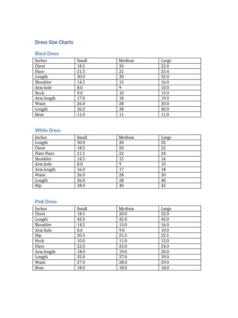 Dress Size Charts | PDF