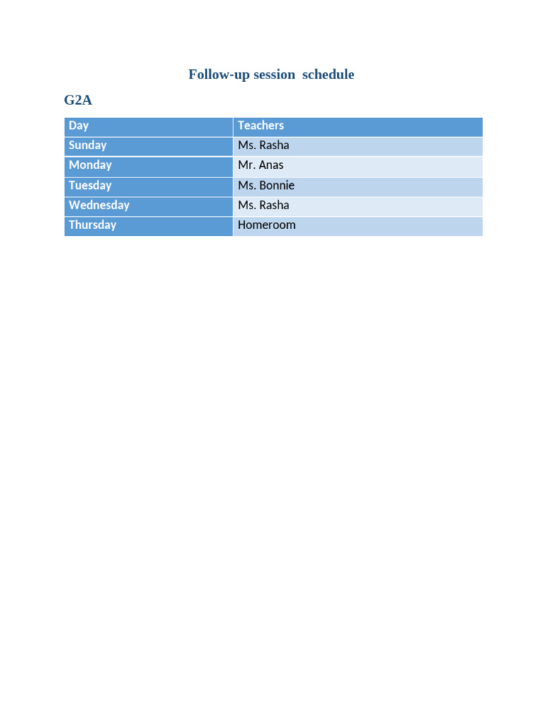 Follow-Up Session Schedule G2A: Day Teachers Sunday Monday Tuesday ...