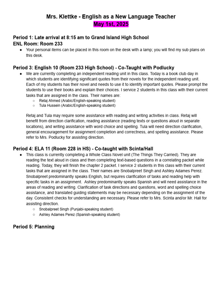 ENL Teacher Schedule and Student Support | PDF | Linguistics | Human ...