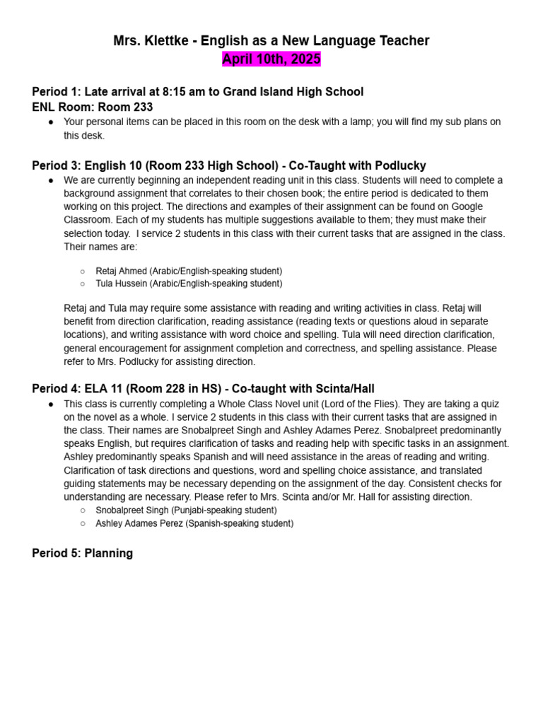 April 10th, 2025 Sub Plans Attachment | PDF | Learning | Human Communication