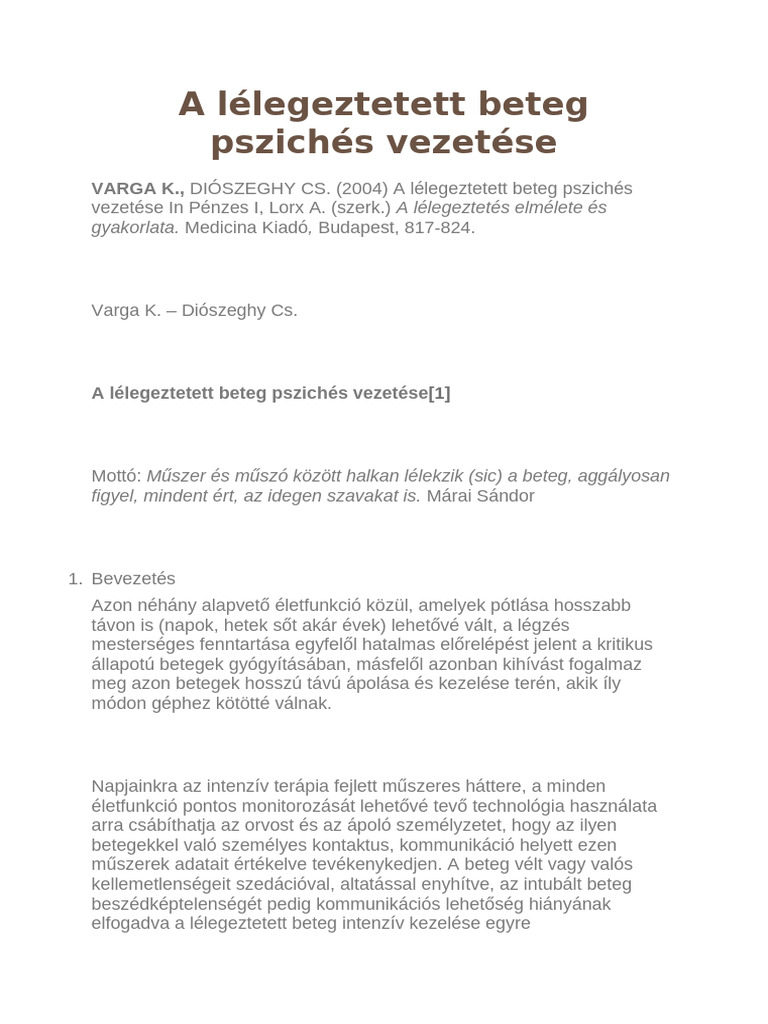 A Lélegeztetett Beteg Pszichés Vezetése | PDF