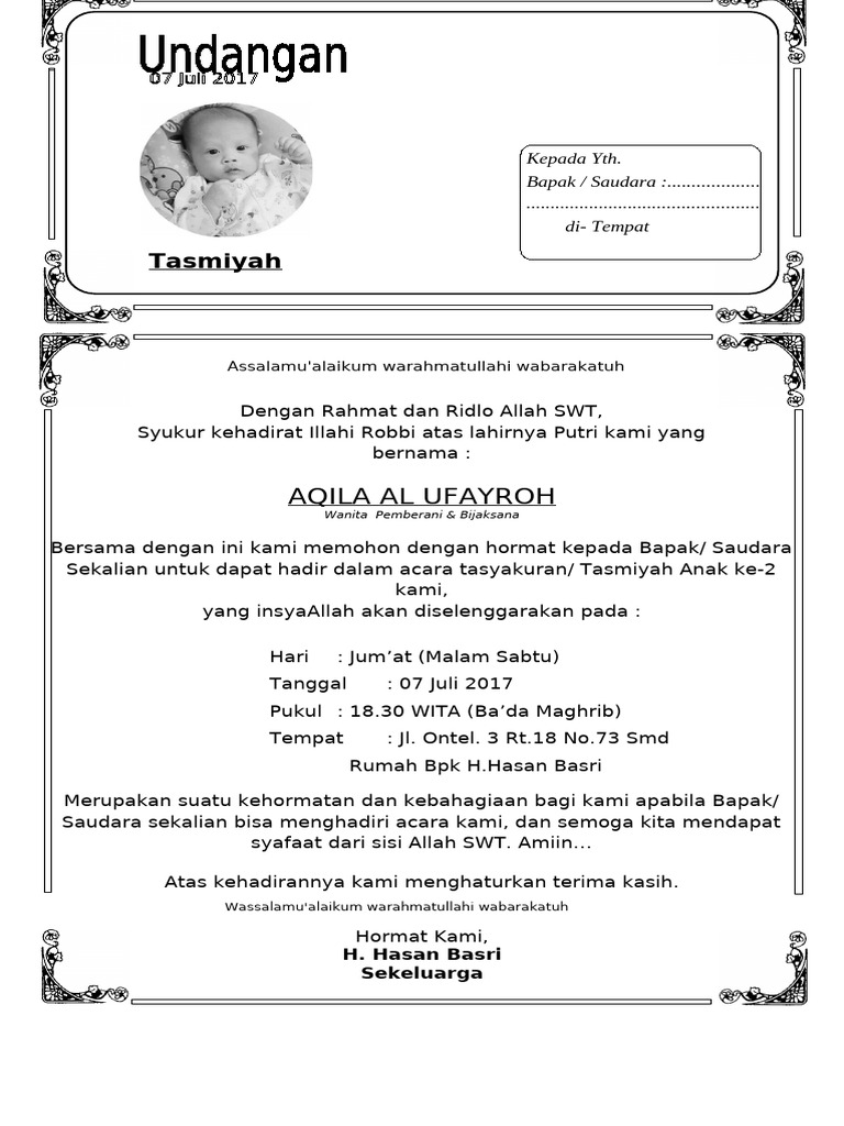 Undangan Tasyakuran Aqila Al Ufayroh | PDF