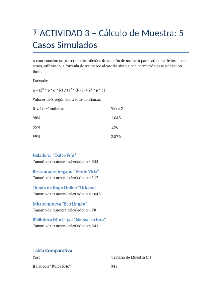 Cálculo De Tamaño De Muestra En 5 Casos Pdf