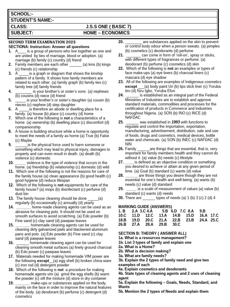 Home Econs Jss1 2nd T-Exam | PDF | Cosmetics