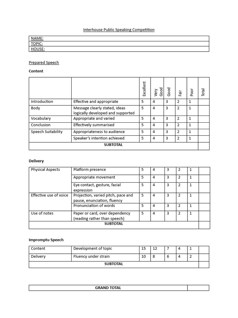 Interhouse Public Speaking Scoresheet | PDF