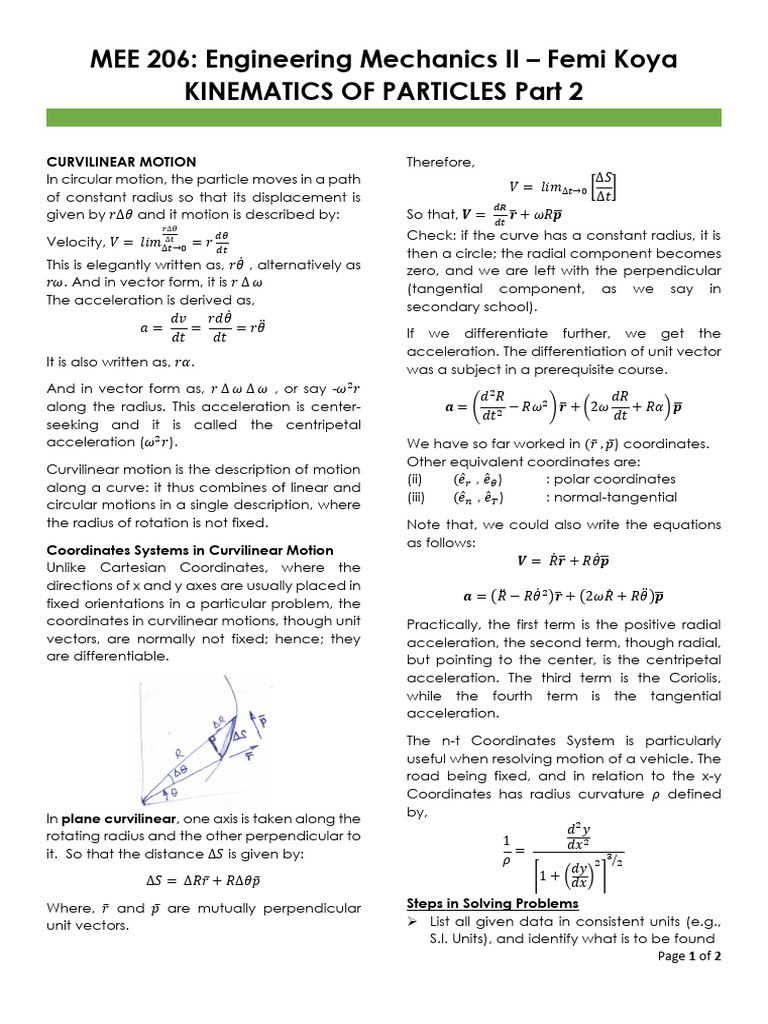 Lecture 3 - MEE 206 Curvilinear Motion Part 2 | PDF | Acceleration | Mechanical Engineering