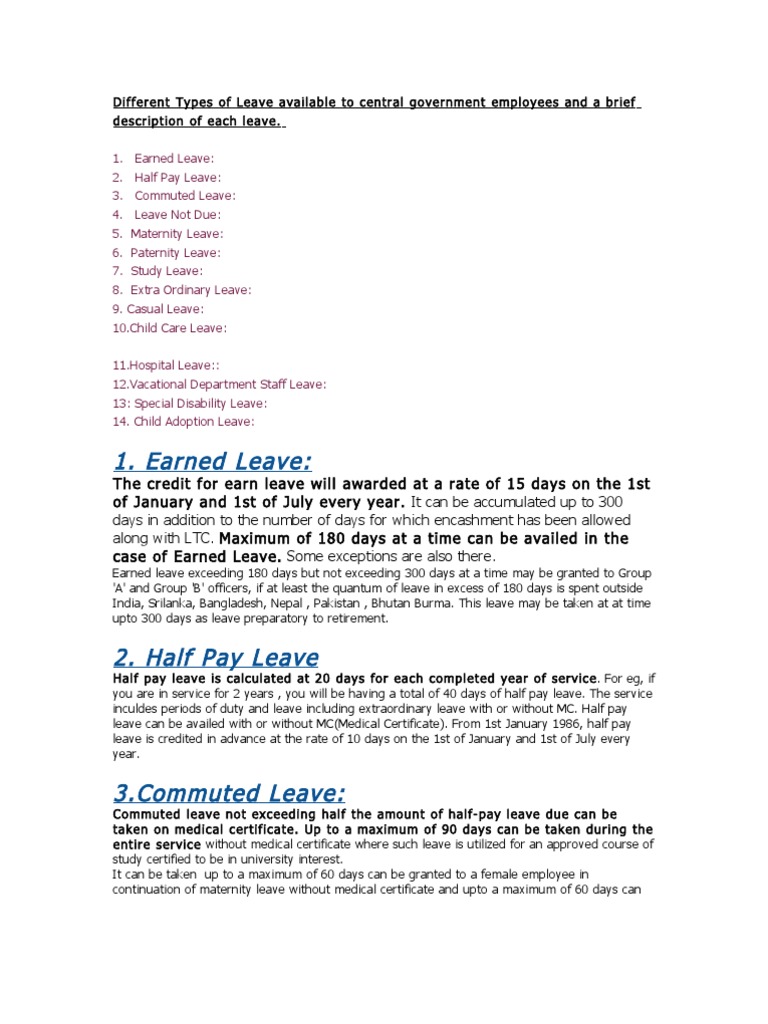 Types of Leave for Central Government Employees | PDF | Parental Leave ...
