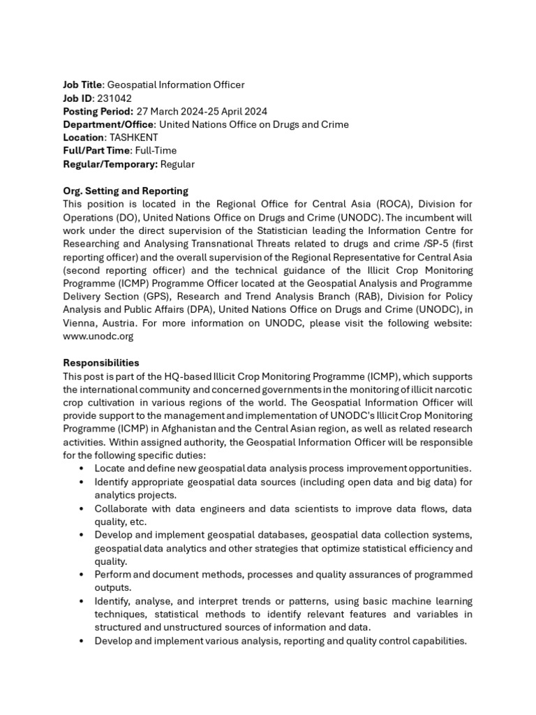 Geospatial Information Officer P3 231042 Tashkent Full Time 1 | PDF ...