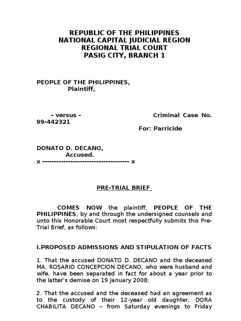Pre-Trial Brief for Parricide Case | PDF | Witness | Autopsy