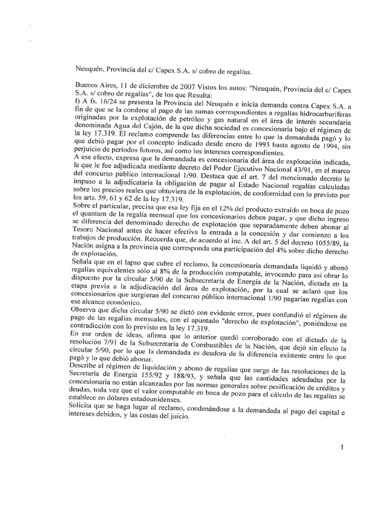 Fallo CSJN NEUQUEN PCIA DEL C CAPEX SA S COBRO DE REGALIAS | PDF