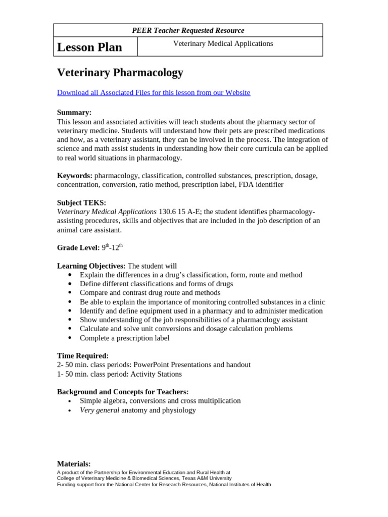 Veterinary Pharmacology Lesson Plan | PDF | Pharmacology | Prescription ...