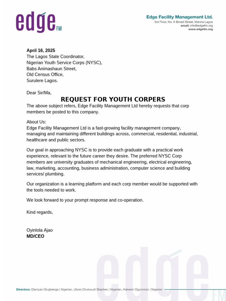 Request for NYSC Corp Members | PDF