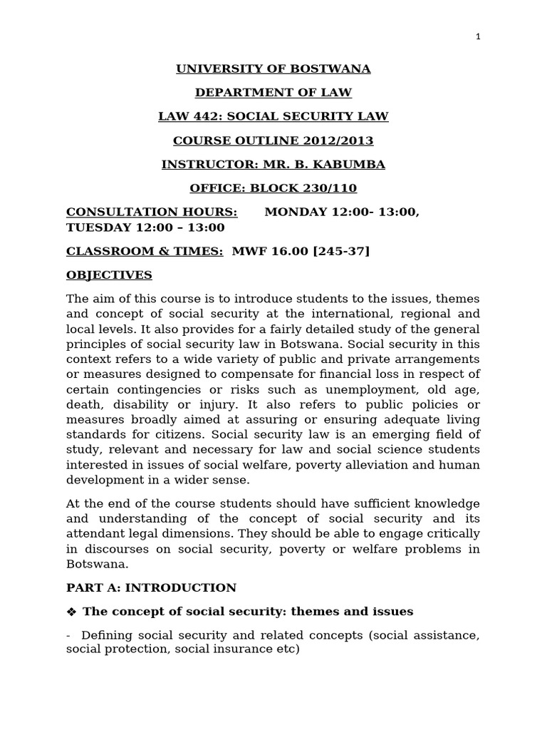 Social Security Law Course Outline | PDF | International Labour ...
