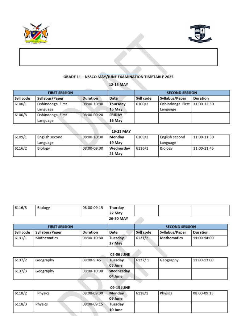 Grade 11 NSSCO Exam Timetable 2025 | PDF