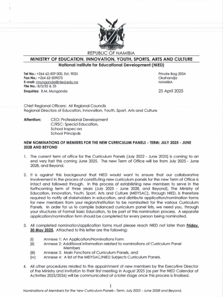 Letter of New Nominations - RegDirectors - New Cur Panels For Term July ...