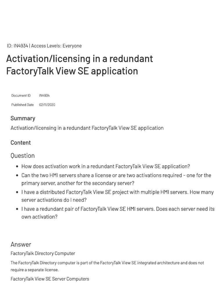 Activation Licensing in A Redundant FactoryTalk View SE Application | PDF