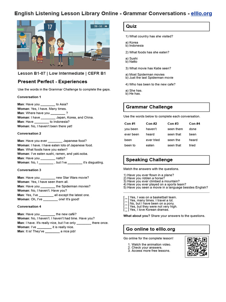 classB1B1 WorksheetsELLLO B1 07C Present Perfect Experiences PDF | PDF | Japanese Cuisine ...