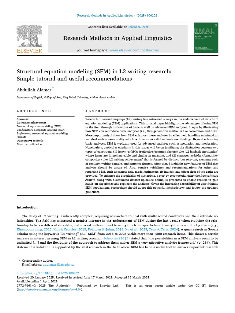 2025 - Structural Equation Modeling (SEM) in L2 Writing Research | PDF | Structural Equation ...