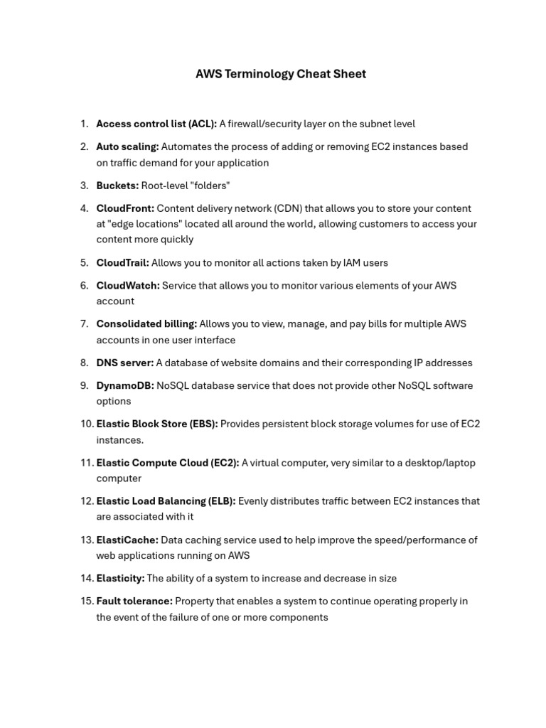 AWS Terminology Cheat Sheet | PDF | Databases | Amazon Web Services