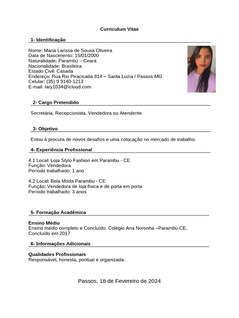 Curriculum Vitae de Maria Larissa Oliveira | PDF