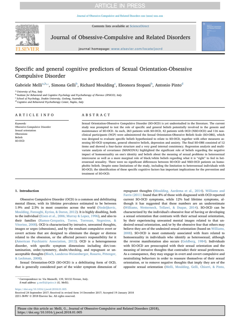 Specific and general cognitive predictors of Sexual Orientation-Obsessive Compulsive Disorder ...