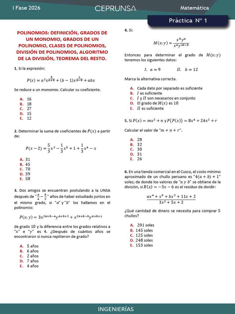 Pr-Ctica 01 - Matematica - Ingenierias | PDF | Factorización | Ecuación cuadrática