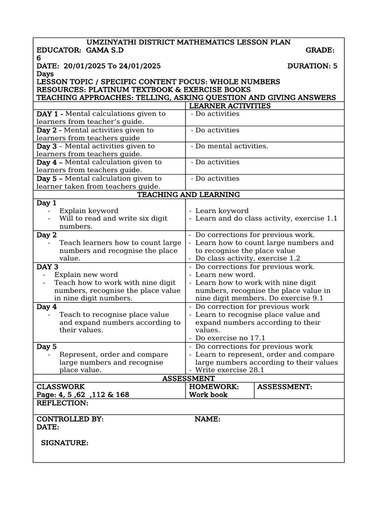 Maths Grade 6 Week 2 Term 1 - 053832 | PDF | Teachers | Lesson Plan