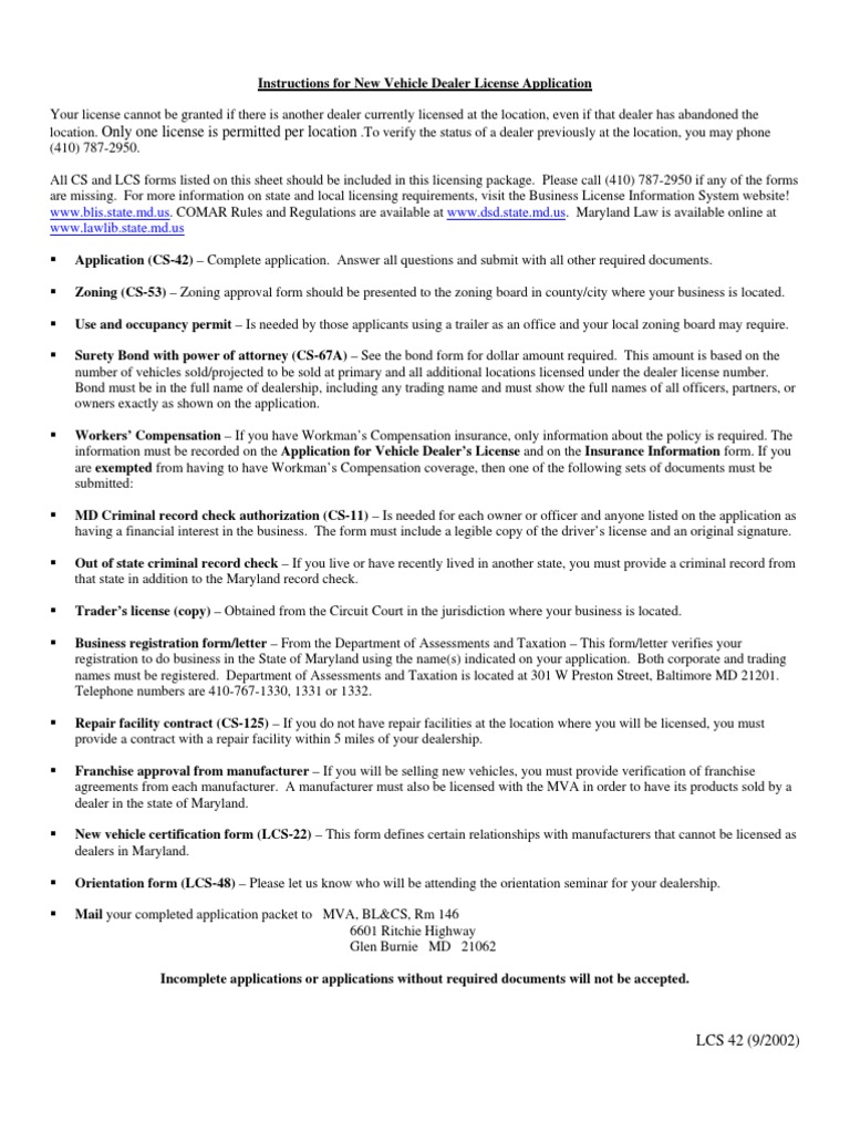 Maryland Car Dealer License Application | PDF | Surety Bond | Car ...