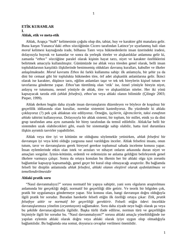 ETİK KURAMLAR DERS NOTLARI | PDF