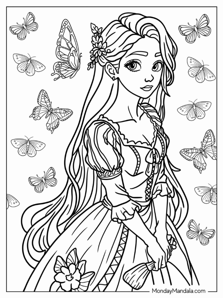 Anime Rapunzel With Butterflies Coloring Page | PDF