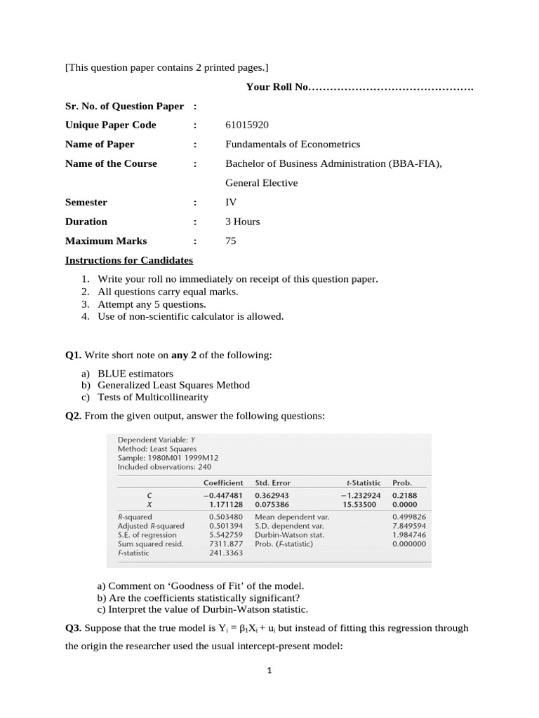 Your Roll No . Sr. No. of Question Paper: Unique Paper Code: Name of Paper: Name of The Course | PDF