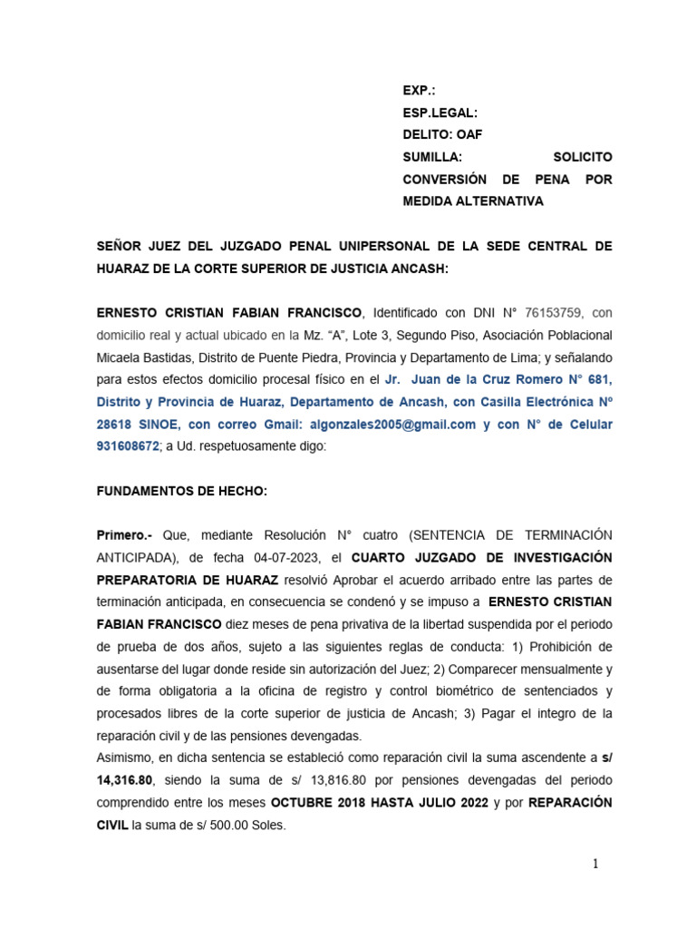 Solicito Conversión de Pena (1) | PDF | Castigos | Pena capital