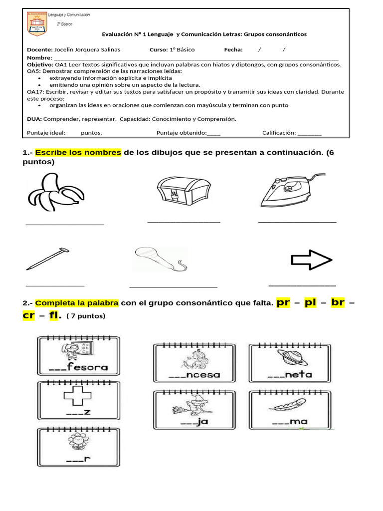 Evaluación 1 Grupos Consonánticos | PDF | Lingüística | Comunicación humana