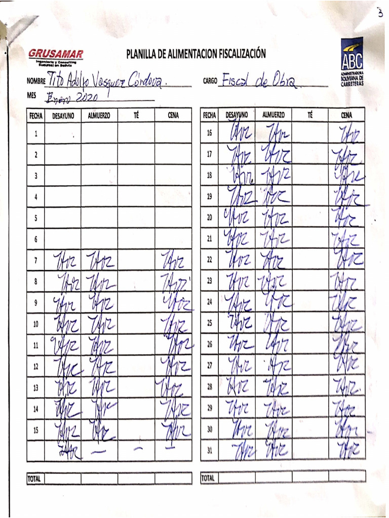 Modelo Planilla de Alimentacion | PDF