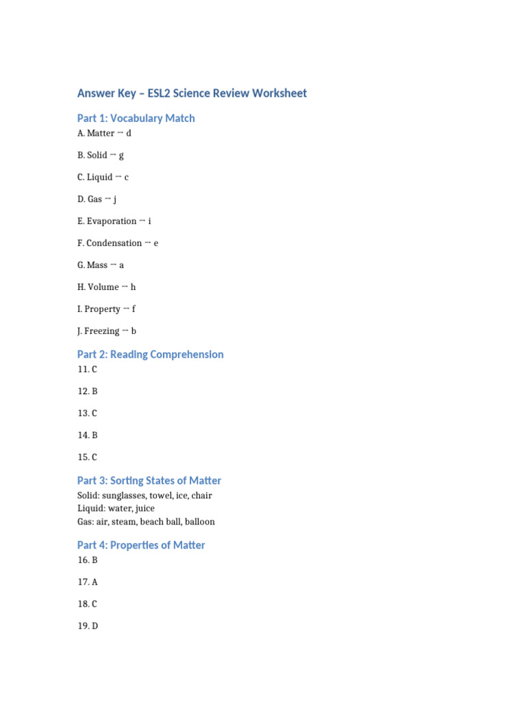 ESL2 Science Review Answer Key | PDF