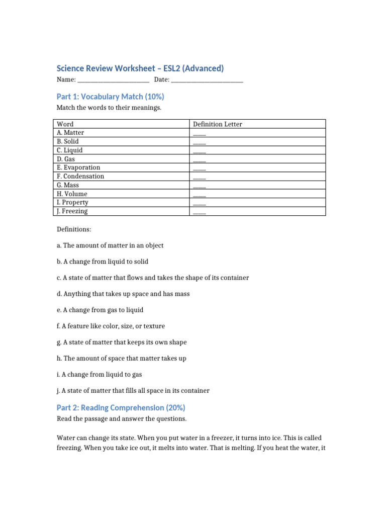 ESL2 Science Review Practice | PDF | Water | Liquids