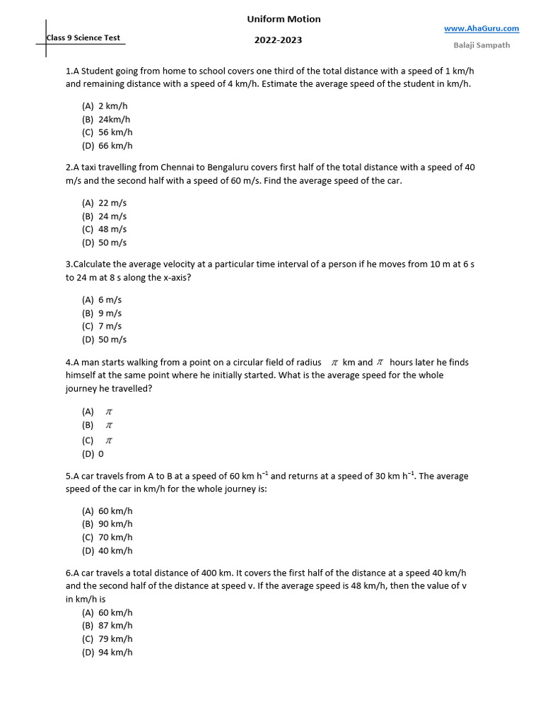 STD 9 Test On Uniform Motion-June 30-Student | PDF | Speed | Temporal Rates