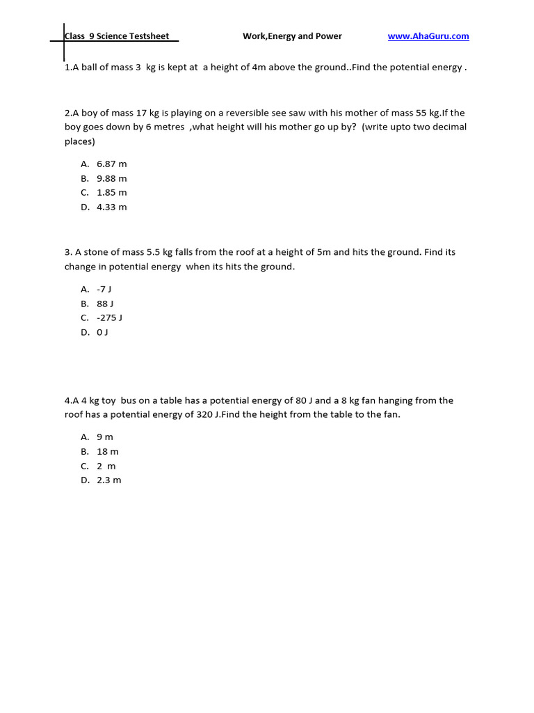 STD 9 Test On Work, Energy and Power 5 Jan 23-Student | PDF