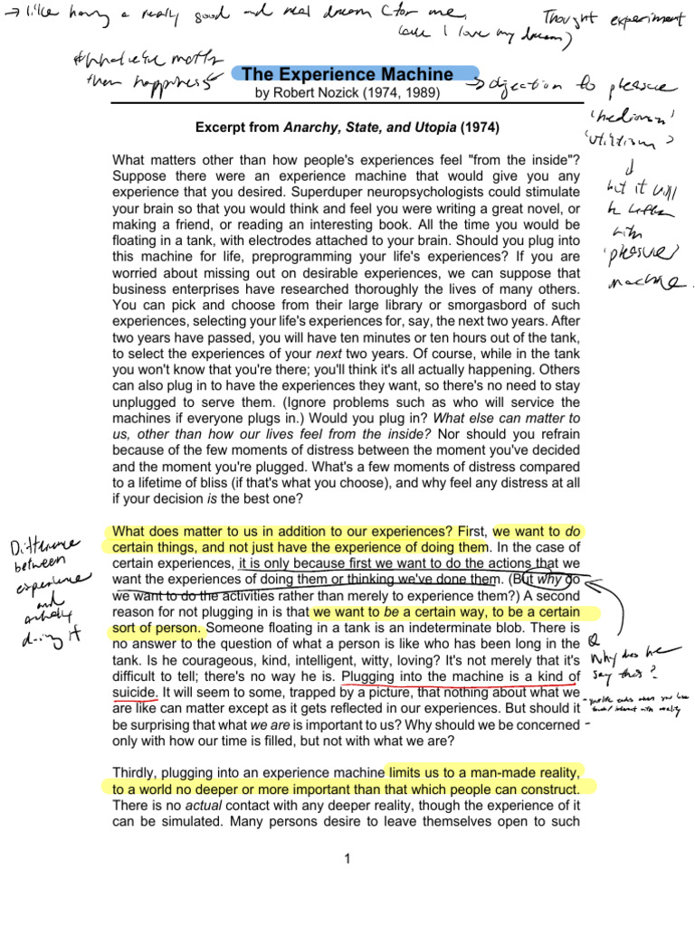 The Experience Machine by Robert Nozick (1974, 1989) | PDF | Experience ...