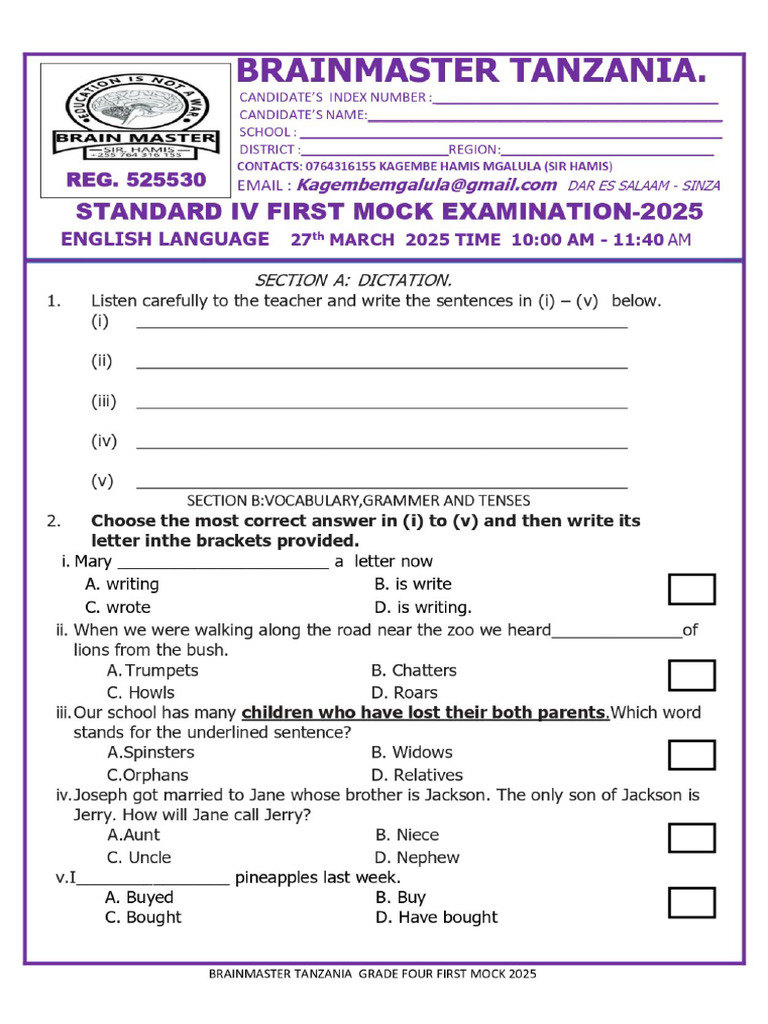 Brainmaster Tanzania g4 First Mock Examination 2025 | PDF
