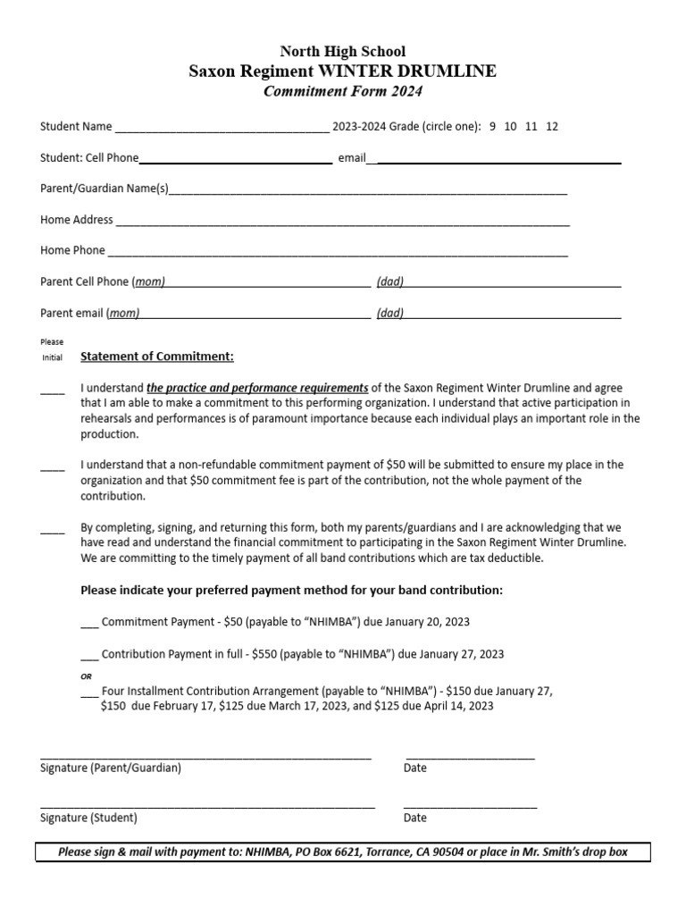 Winter Drumline Commitment 2023-2024 | PDF | Payments | Taxes