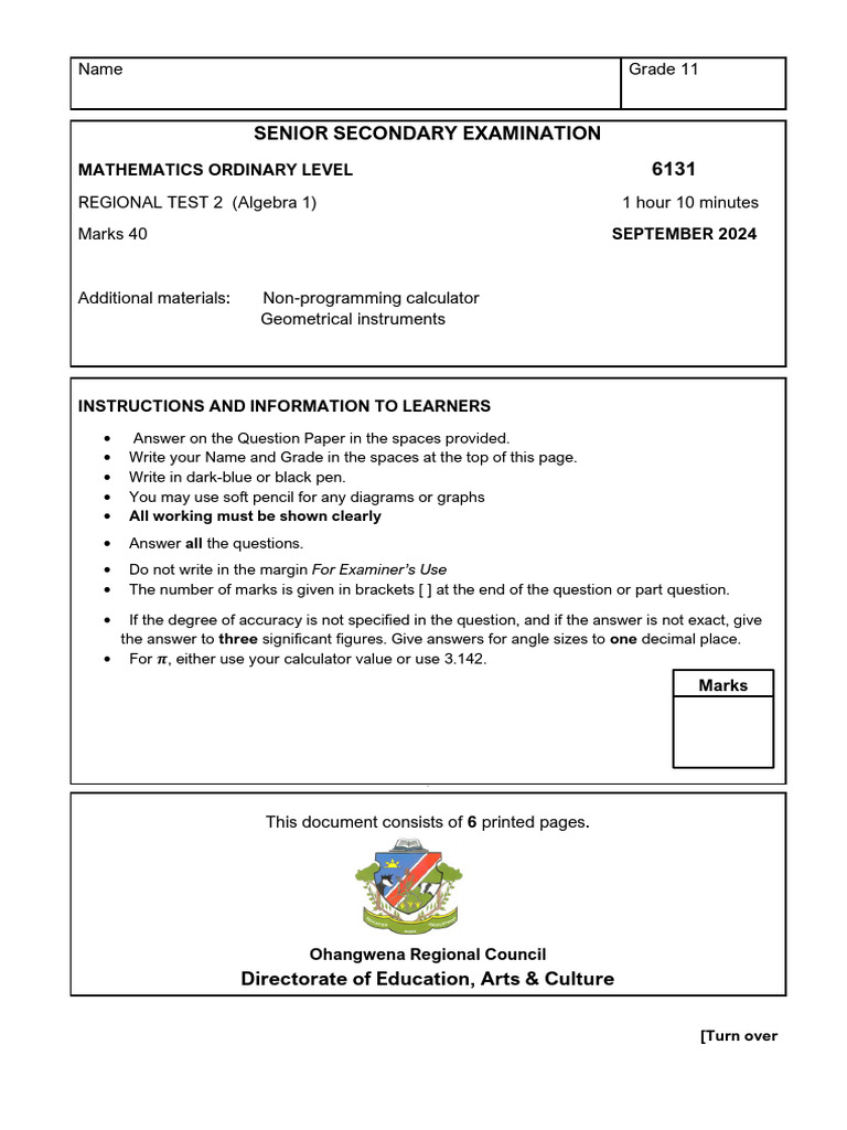 g11 Regional Test 2, 2024 | PDF | Mathematics | Algebra