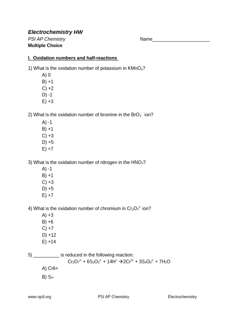 Ap Chem - Electrochemistry Multiple Choice - 2019 06 19 | PDF ...