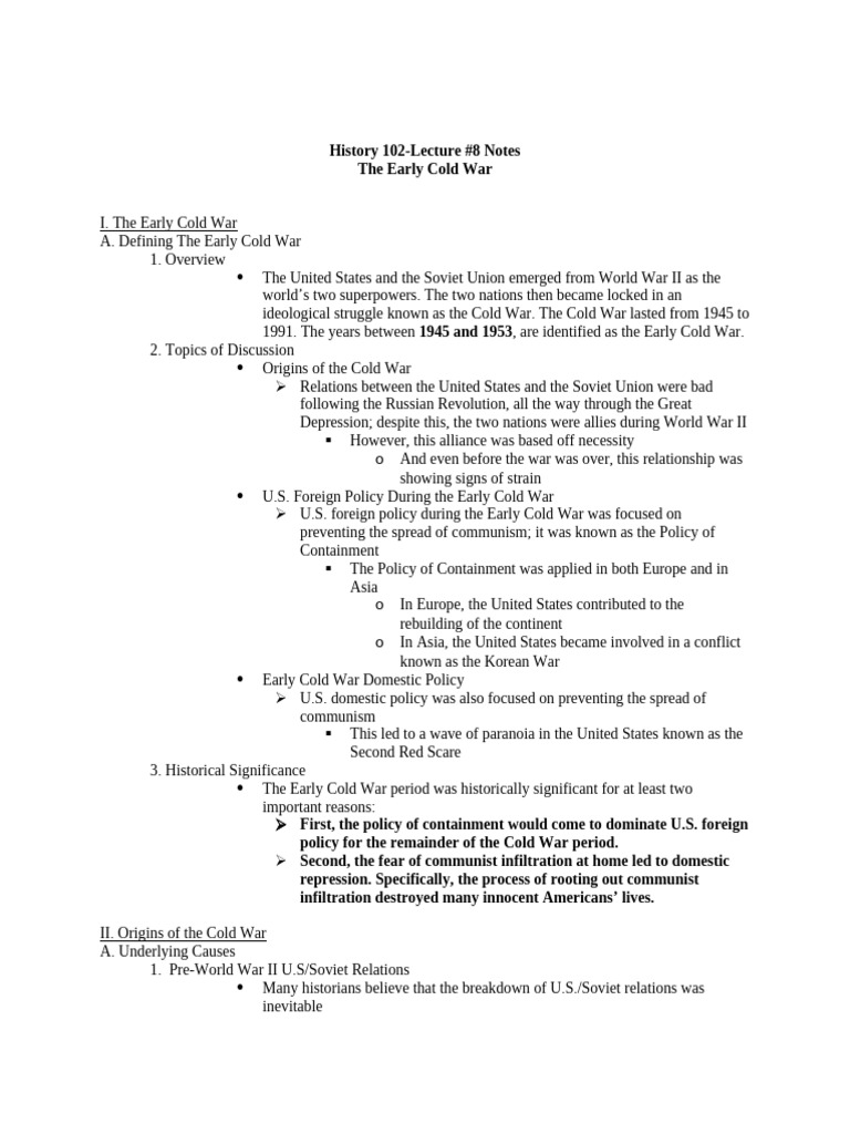 US Hist2 TheEarlyColdWar Lecturenotes | PDF | Joseph Mc Carthy ...