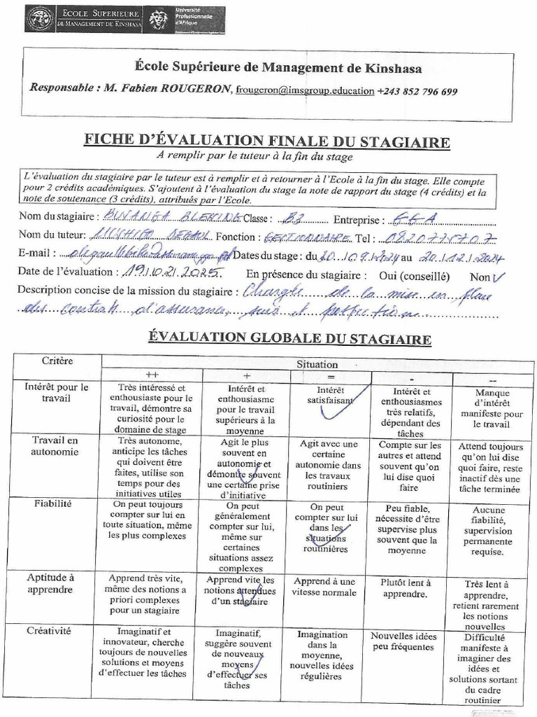 Fiche Evaluation Finale de Busanga Blessing - 0001 | PDF