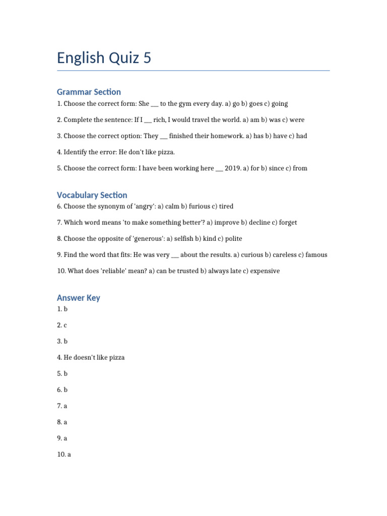 English Quiz 5 | PDF