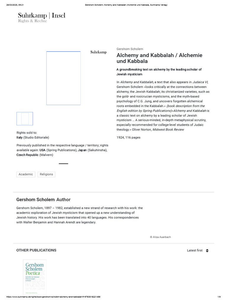 Gershom Scholem - Alchemy and Kabbalah (Alchemie Und Kabbala, Suhrkamp ...